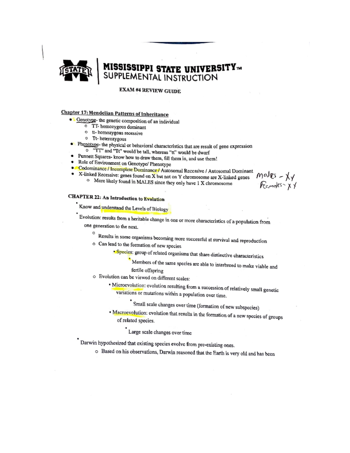 Biology 1 Exam 4 review - STATE MISSISSIPPI STATE UNIVERSITY TM ...