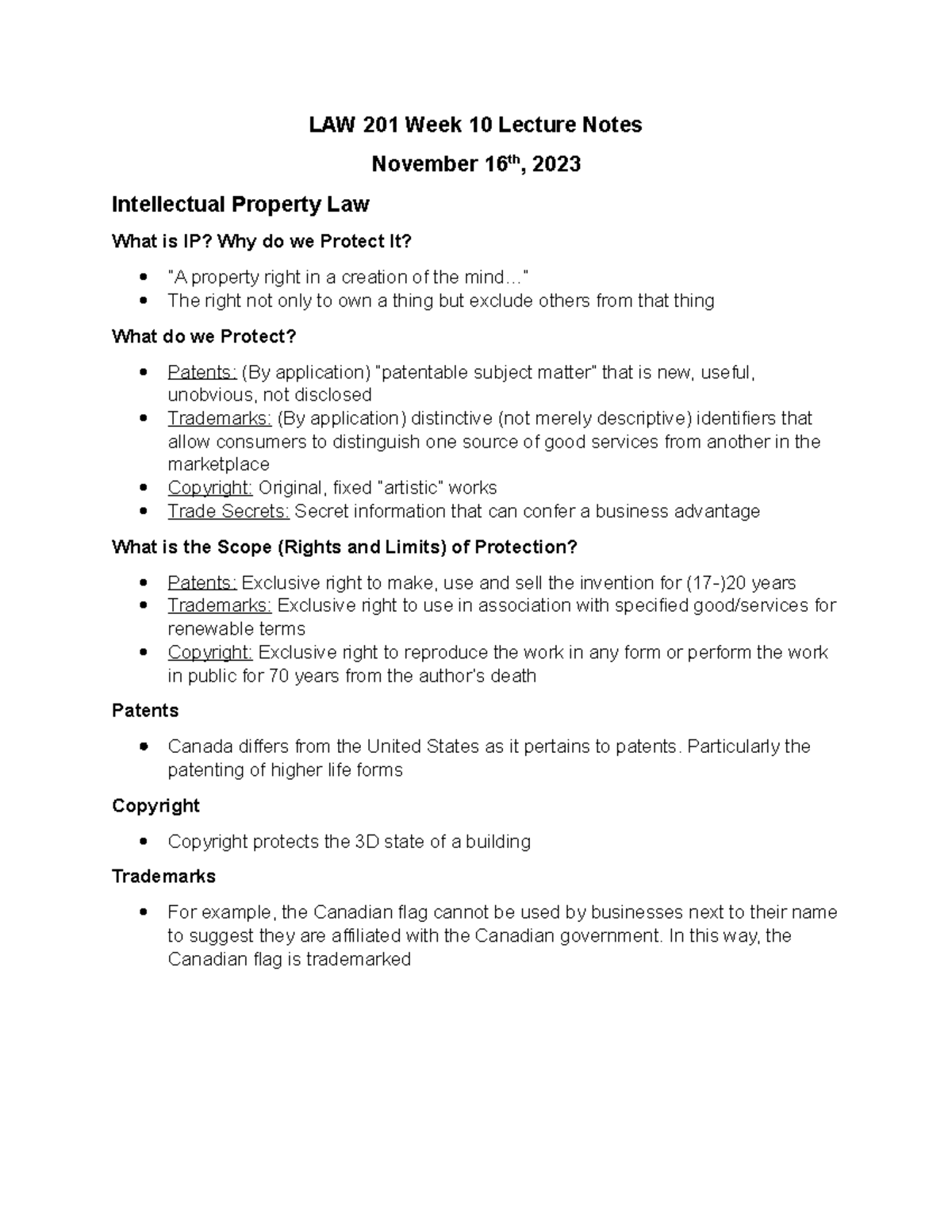 LAW 201 Week 10 Lecture Notes - LAW 201 Week 10 Lecture Notes November ...