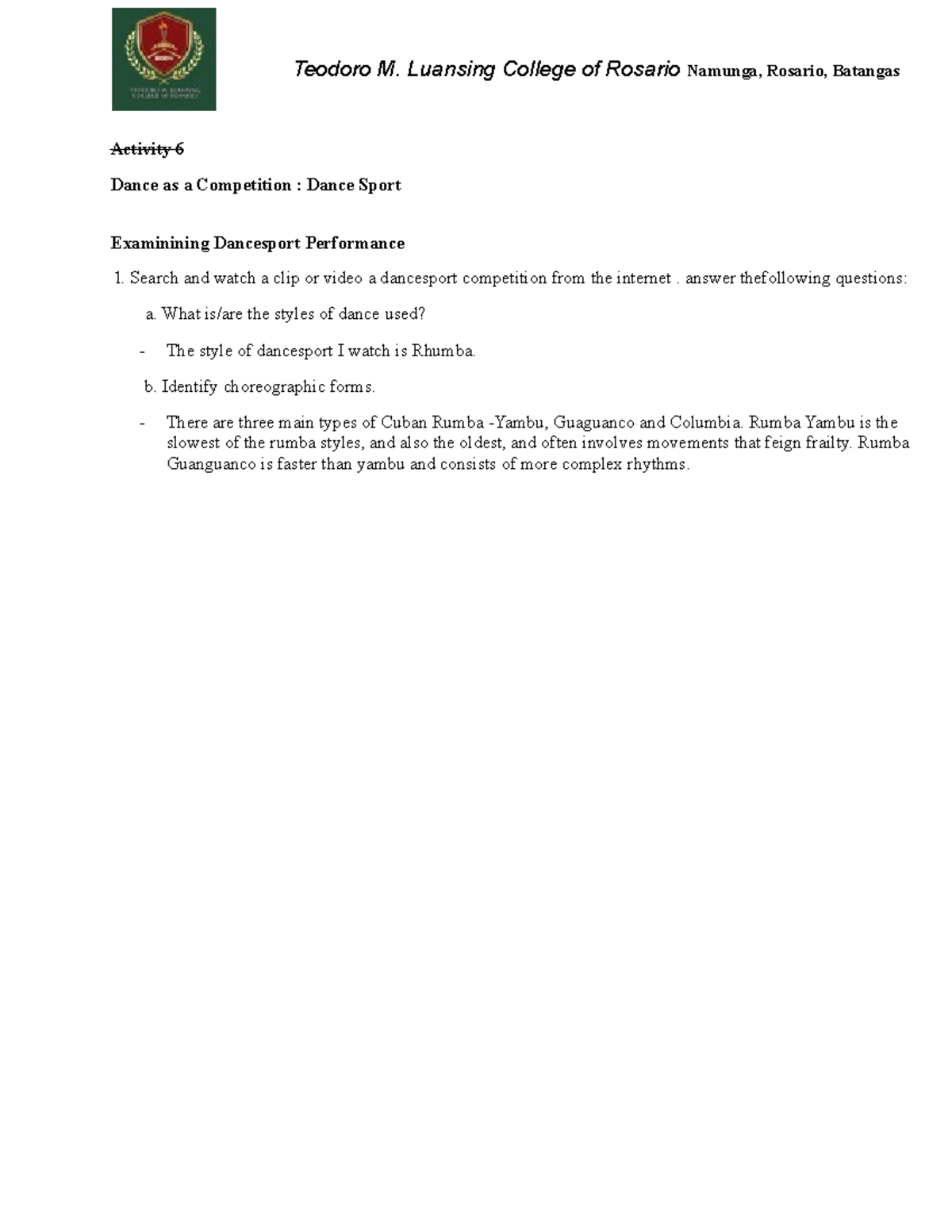 Activity 6 - Dance as a Competition - Dance Sport - Teodoro M. Luansing ...
