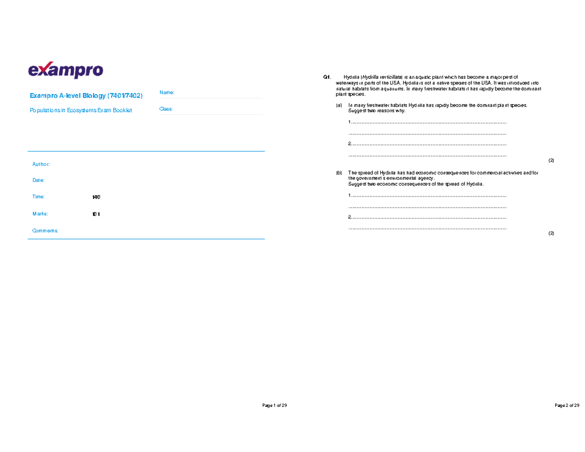 Populations in Ecosystems Exam Booklet - Exampro A-level Biology (7401/7402) Populations in ...