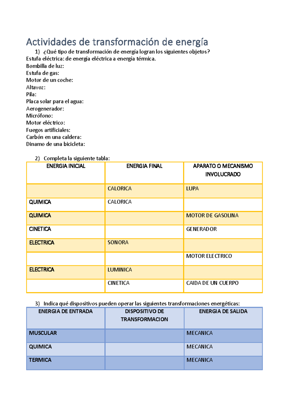 Actividades de transformación de energía - Actividades de ...