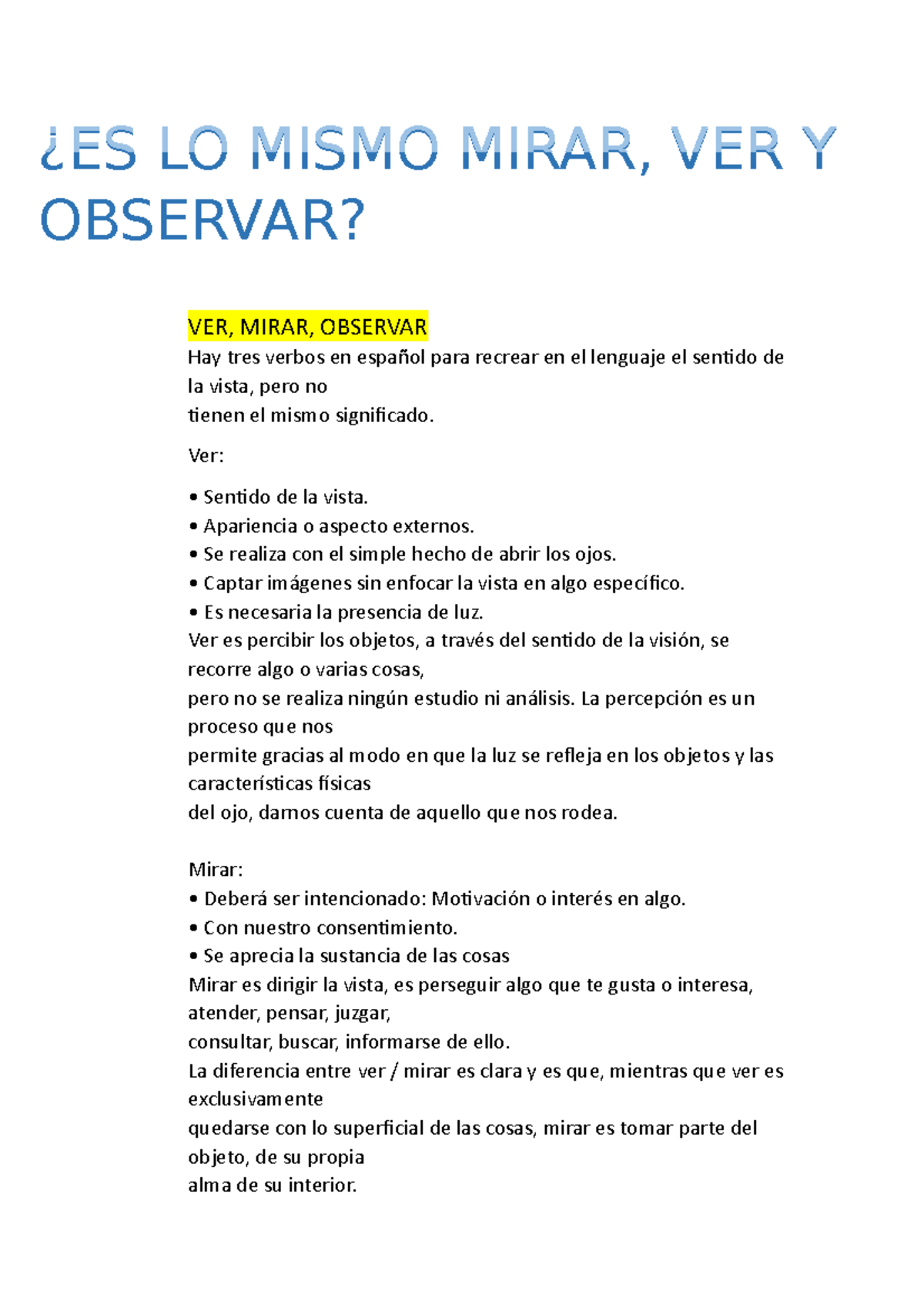 Observacion Ss2 ver mirar y observar - VER, MIRAR, OBSERVAR Hay tres ...