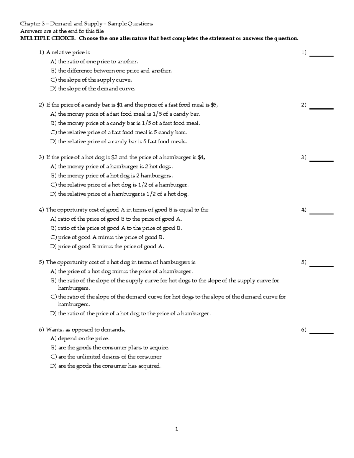 Demand and Supply questions - Chapter 3 - Demand and Supply - Sample ...