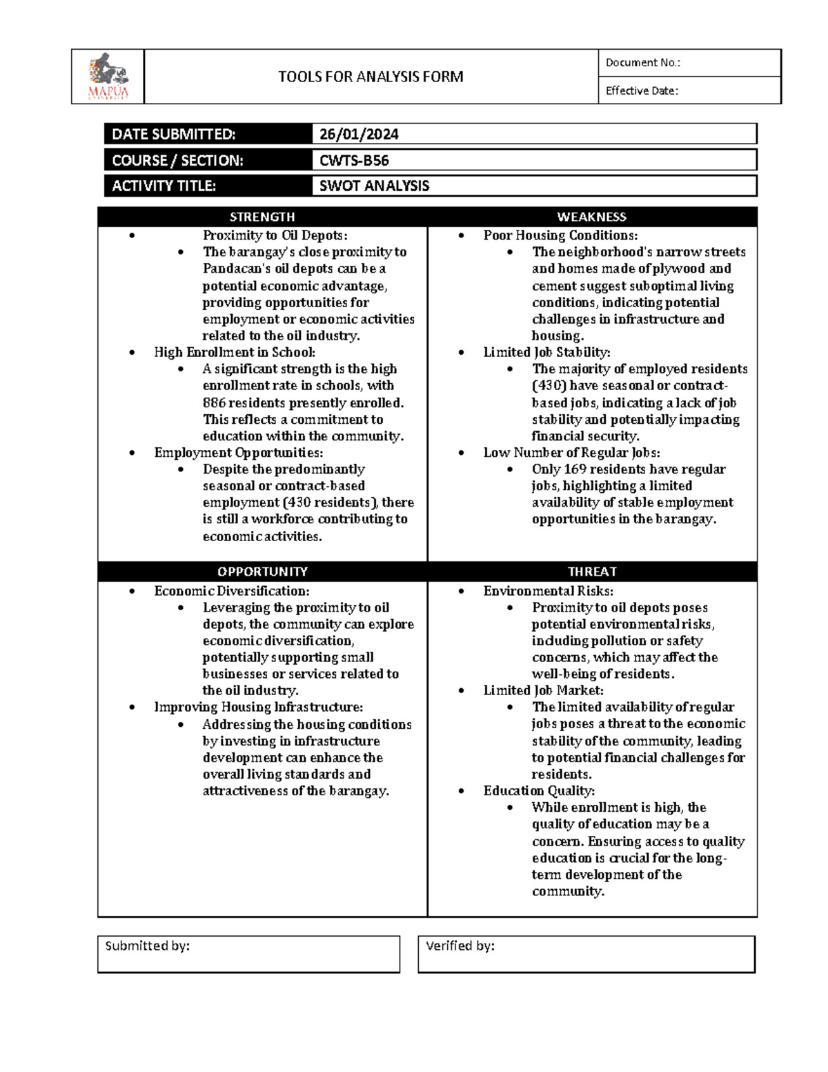 Gaddi SWOT-Analysis-Barangay-Luningning - TOOLS FOR ANALYSIS FORM ...