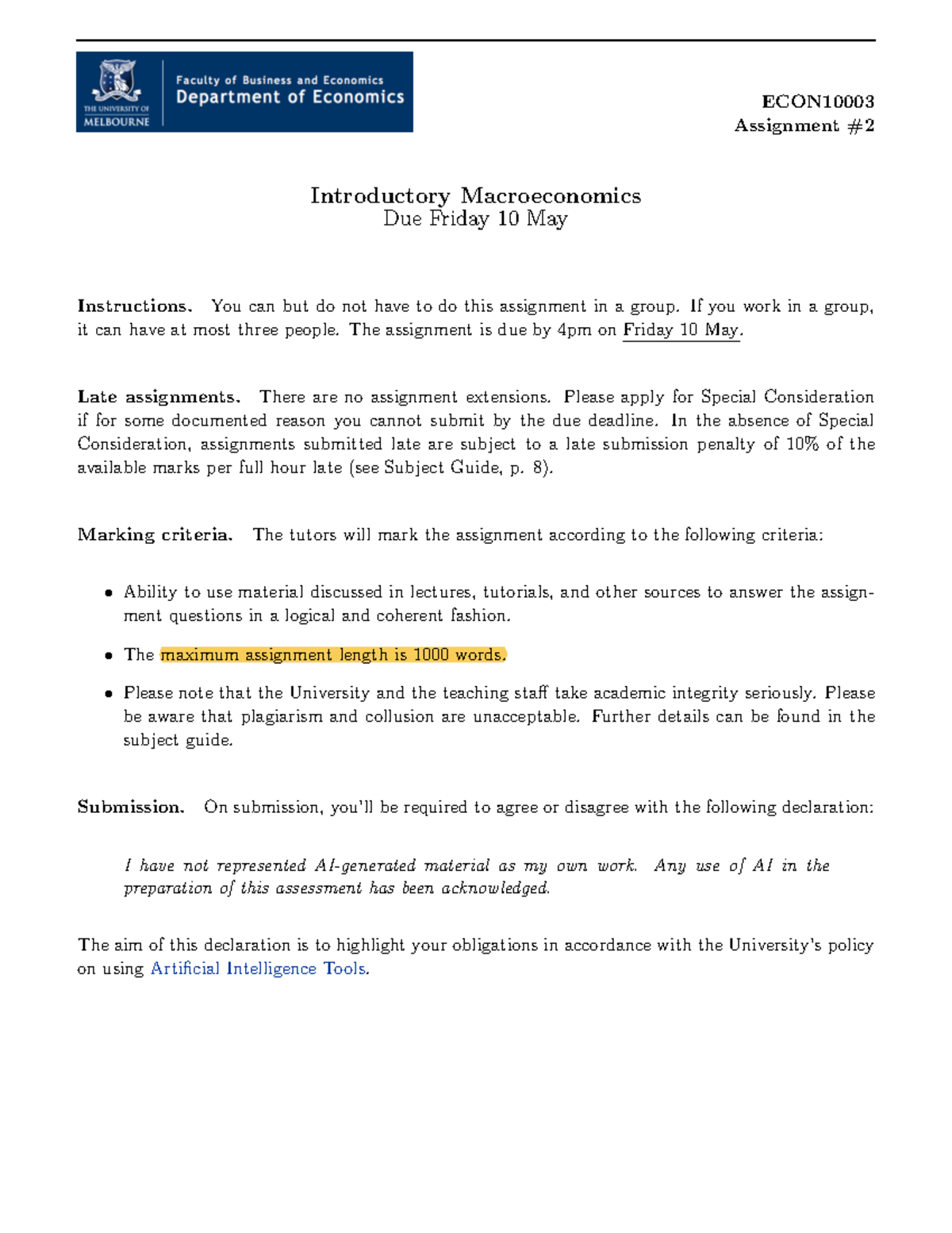 ECON10003 Assignment 2 - ECON Assignment # Introductory Macroeconomics Due Friday 10 May - Studocu
