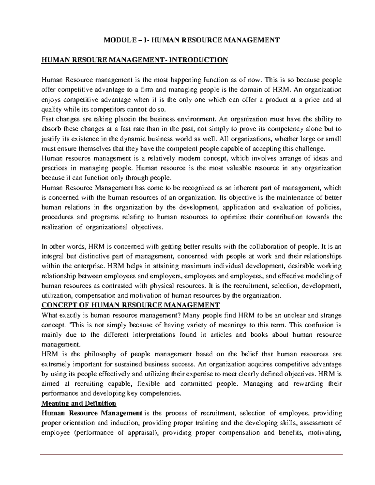 Human Resources Notes - MODULE – I- HUMAN RESOURCE MANAGEMENT HUMAN ...