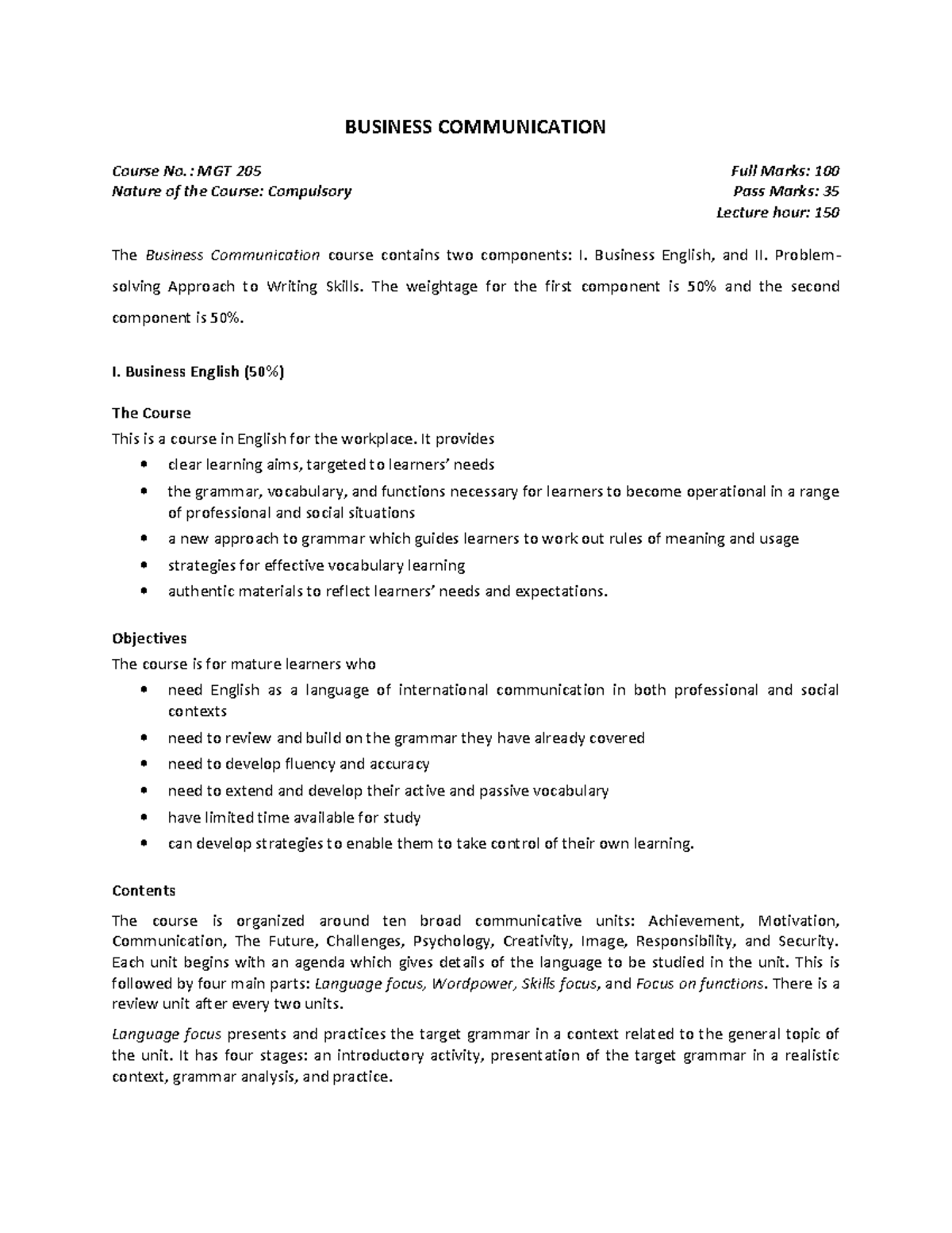 BBS 2nd Year Syllabus and Model Question - BUSINESS COMMUNICATION ...