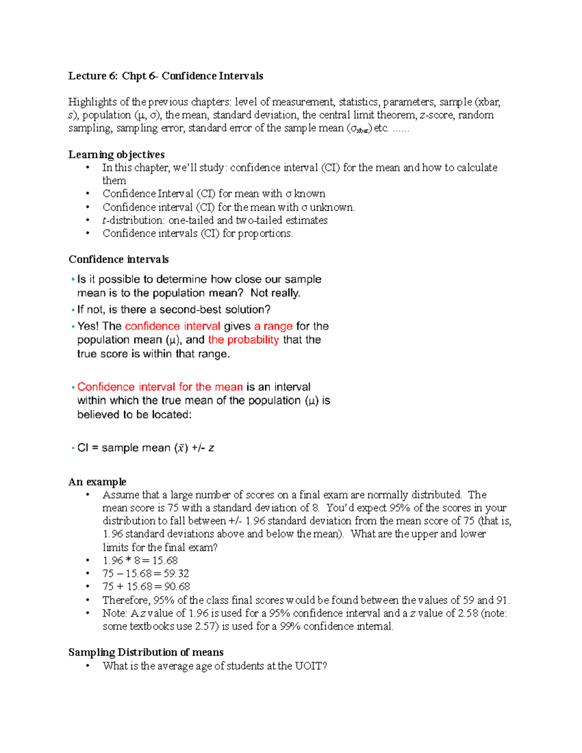 Lecture 6- Confidence intervals - Lecture 6: Chpt 6- Confidence Intervals Highlights of the ...