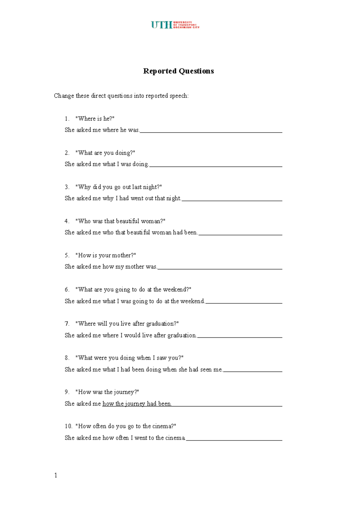 Reported questions 1 - english - 1 Reported Questions Change these ...