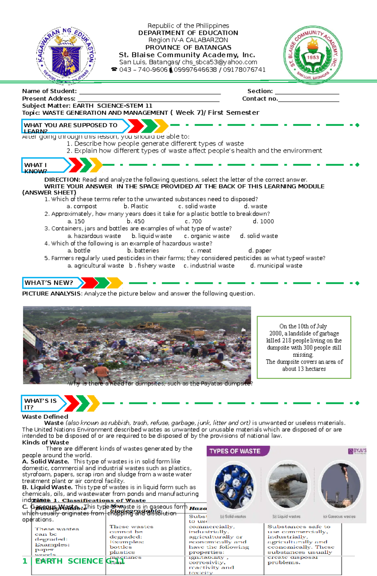 Earth Science W-7 Original - Republic of the Philippines DEPARTMENT OF ...
