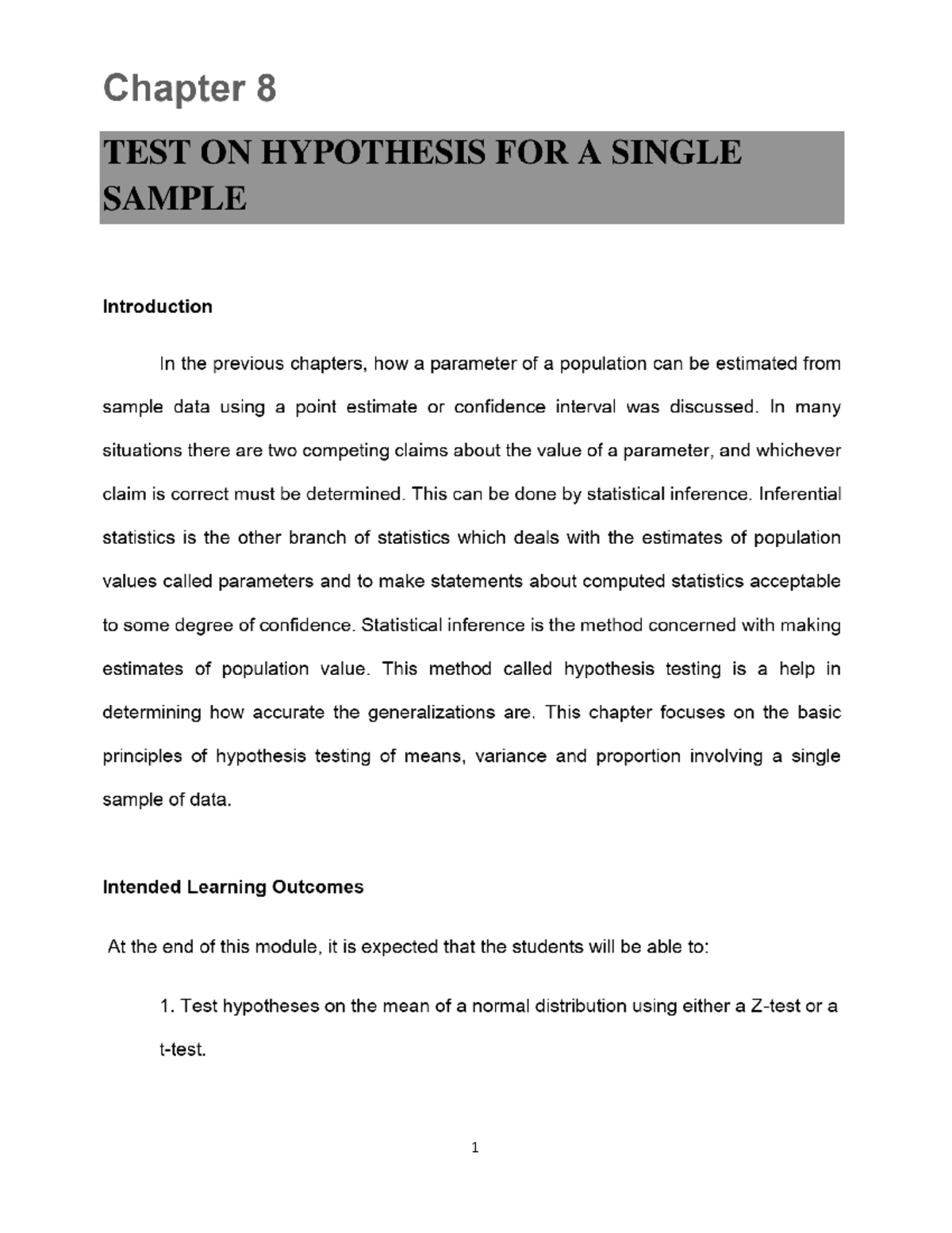Module 8-Test on Hypothesis for a Single Sample - BS Psychology - Studocu