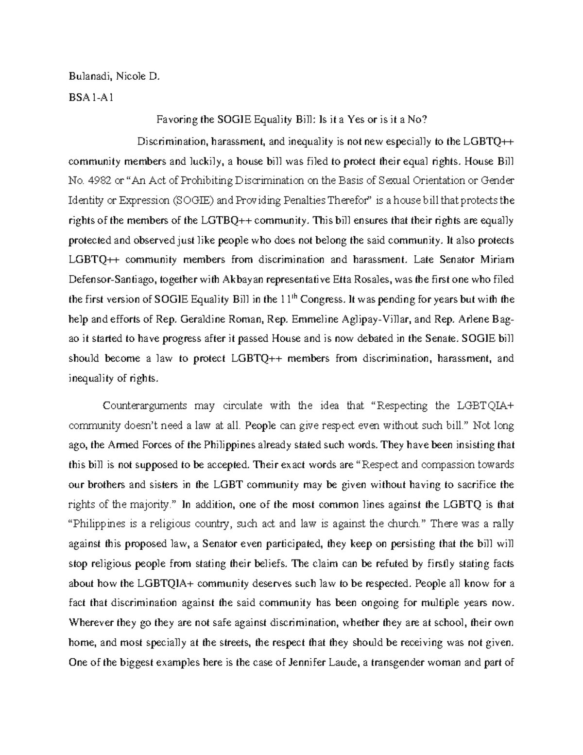 Sogie Equality Bill - Bulanadi, Nicole D. BSA1-A Favoring the SOGIE ...