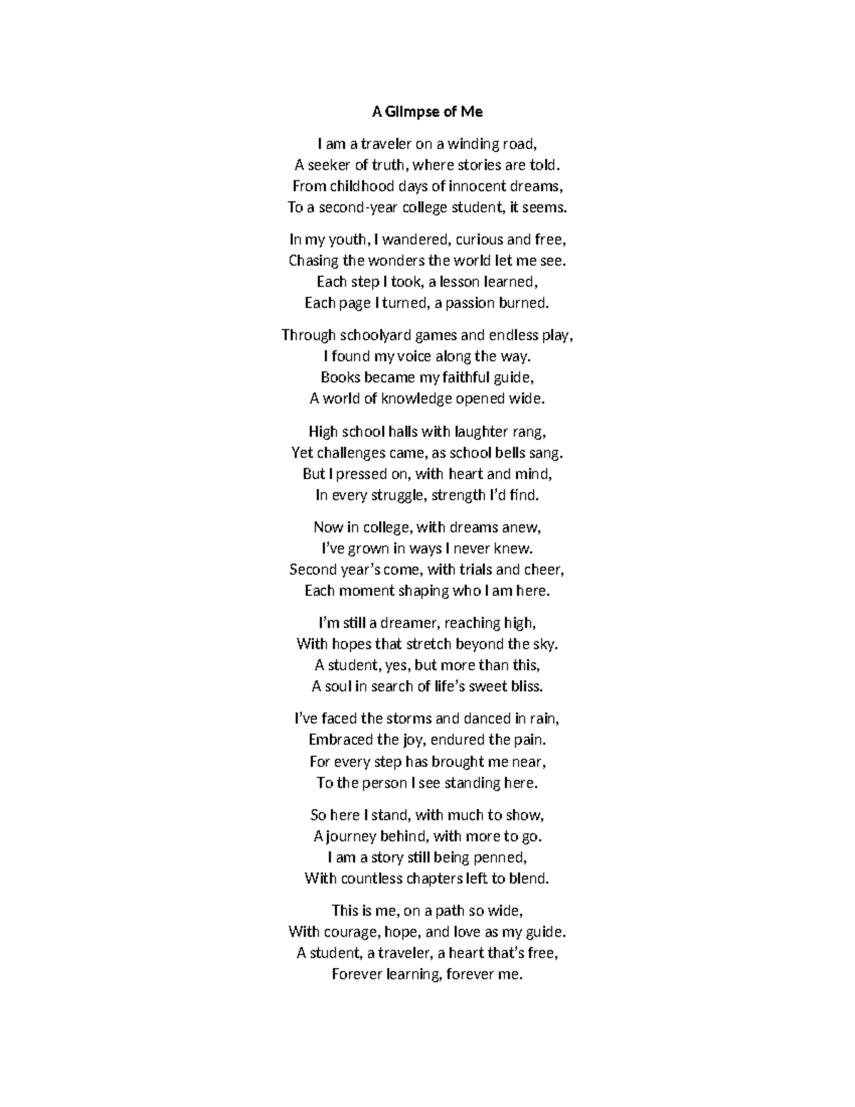 Poem for Intro ArtApp - A Glimpse of Me I am a traveler on a winding ...