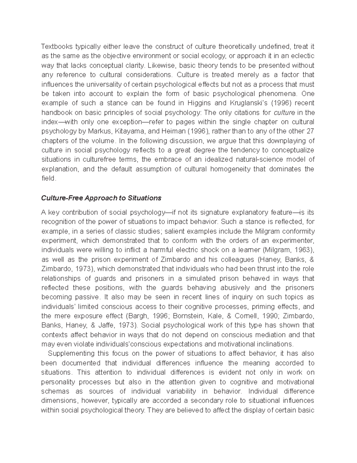 Psych - Cultural - Textbooks typically either leave the construct of ...