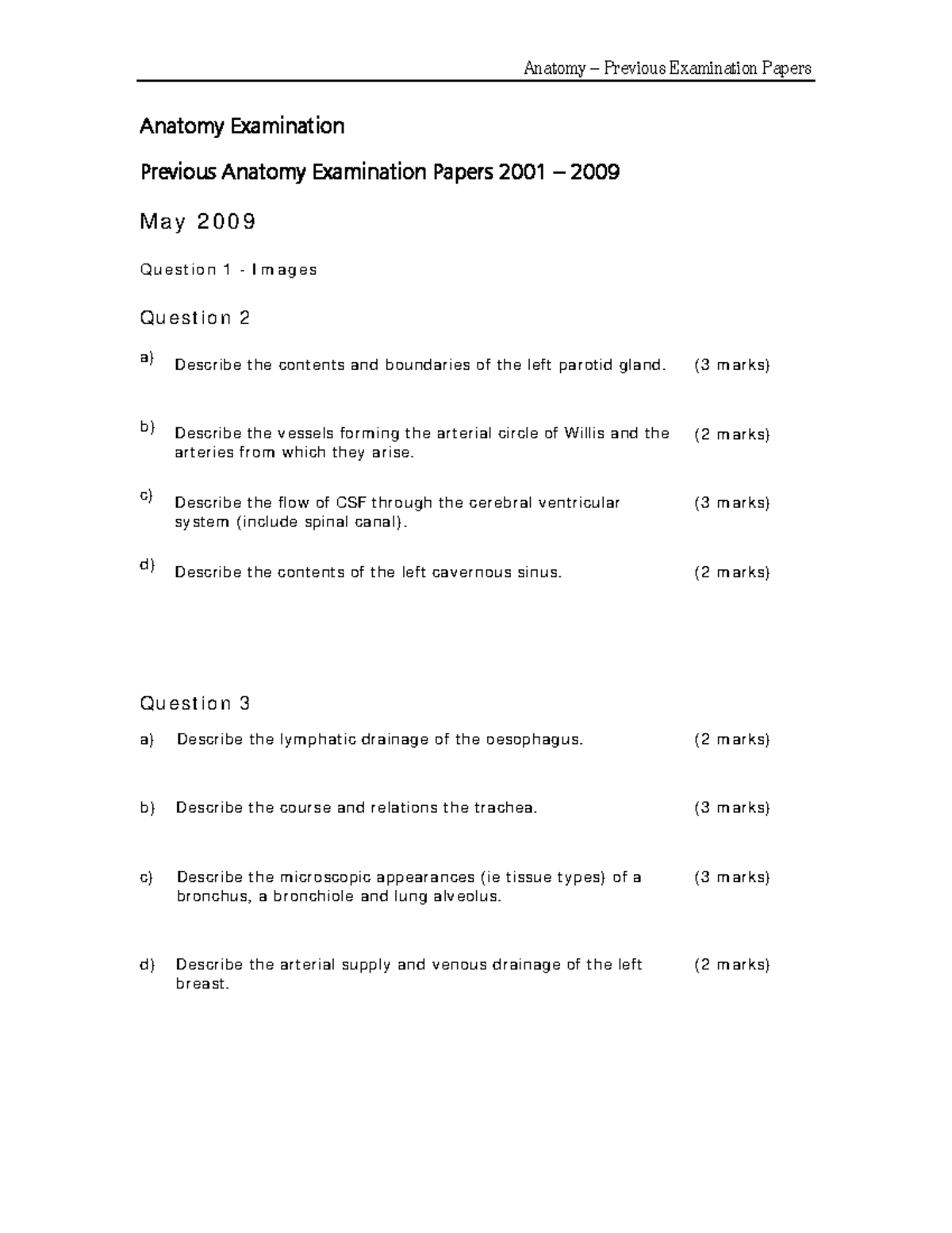 Anatomy - Previous Examination Papers Updated 2707091 - Anatomy ...