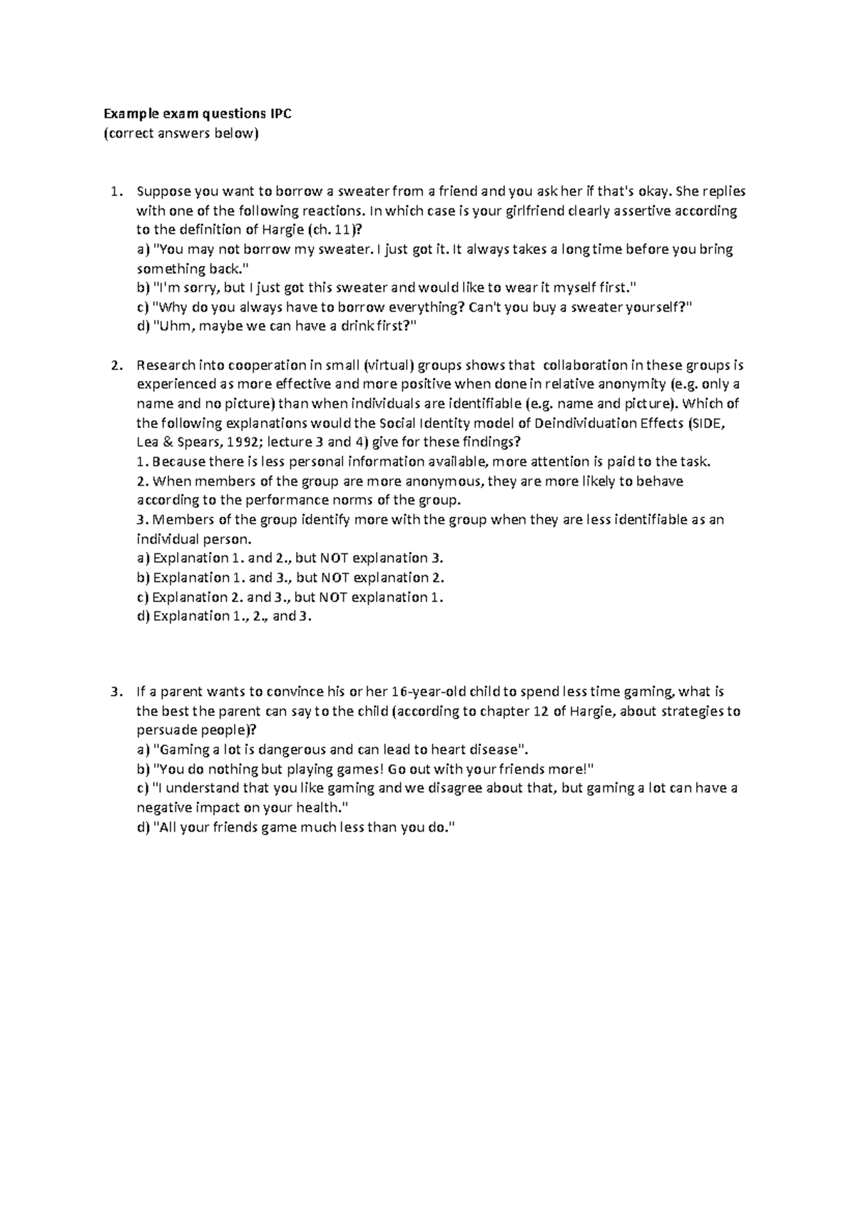 IPC Example exam questions - Interpersonal Communication - VU - Studeersnel