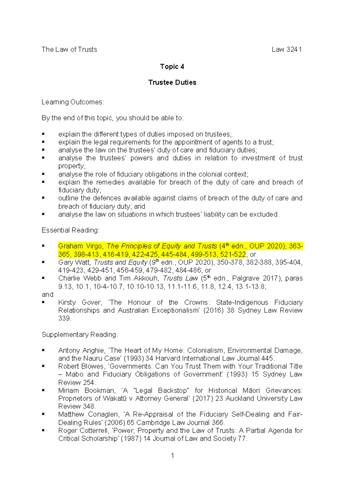 Law of Trusts 4 (Handout) - The Law of Trusts Law 3241 Topic 4 Trustee Duties Learning Outcomes ...