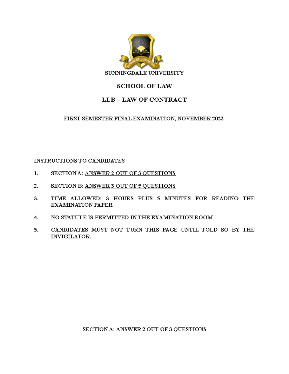 Sunningdale University Contract LAW - SUNNINGDALE UNIVERSITY SCHOOL OF ...