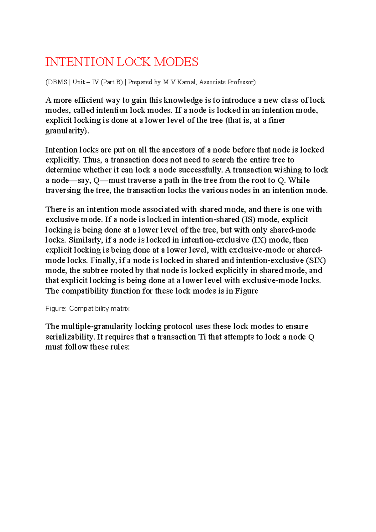 Intention LOCK Modes - INTENTION LOCK MODES (DBMS | Unit – IV (Part B) | Prepared by M V Kamal ...