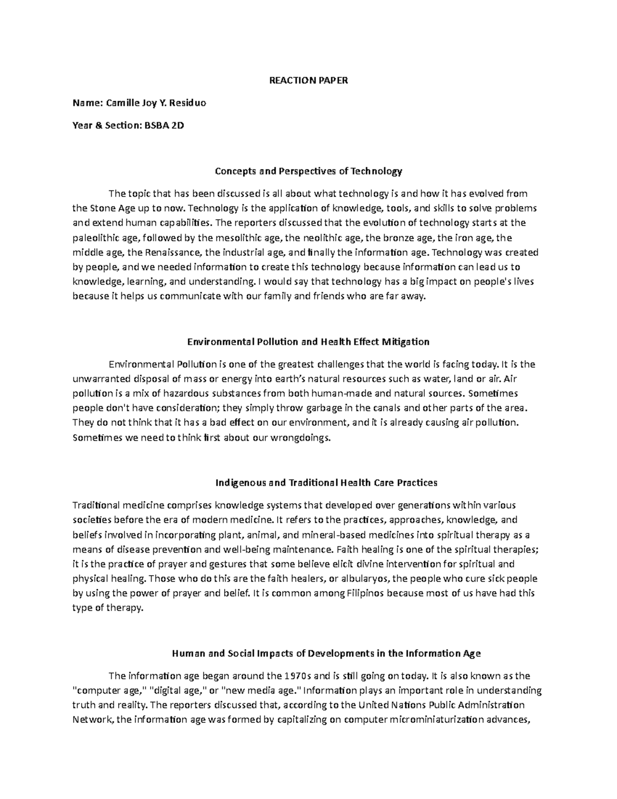 Reaction Paper - vguk - REACTION PAPER Name: Camille Joy Y. Residuo ...