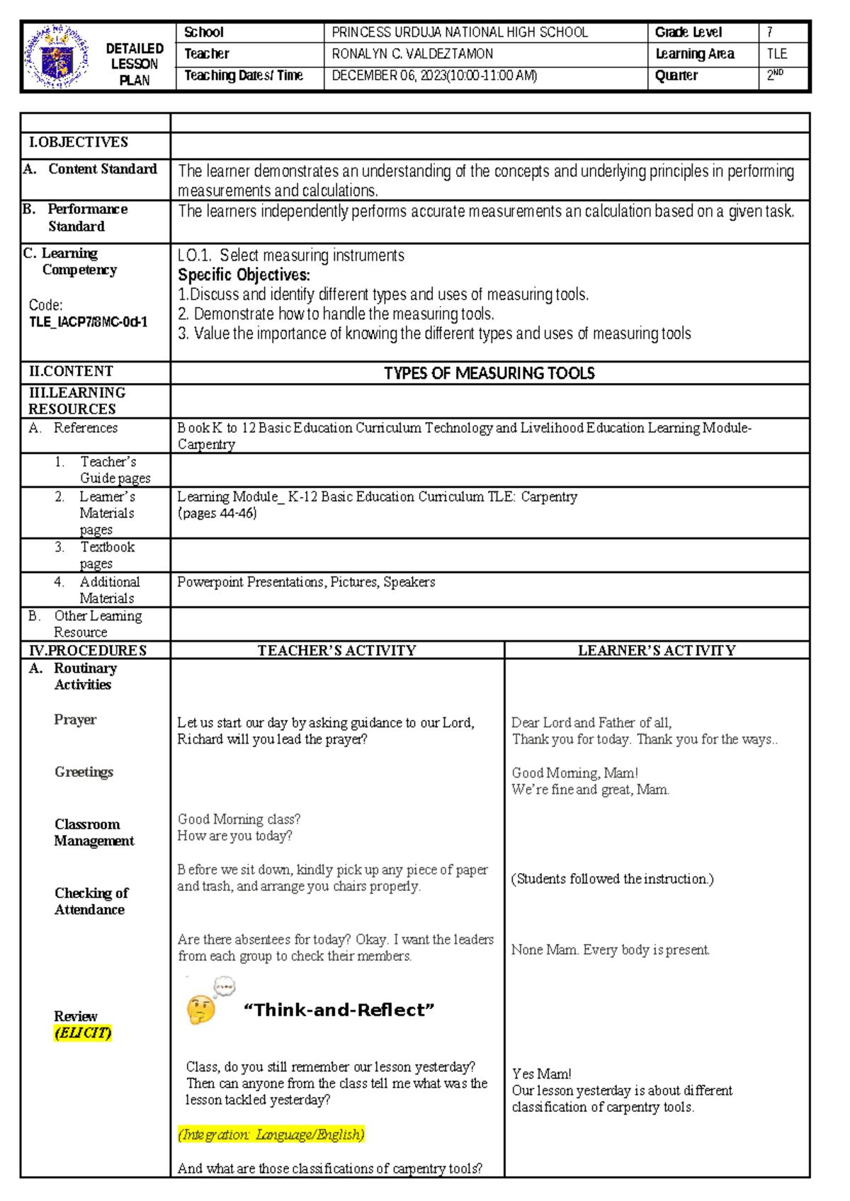 COT 2-G7 CARP - It is Lesson Plan in Carpentry 7 Exploratory - DETAILED ...