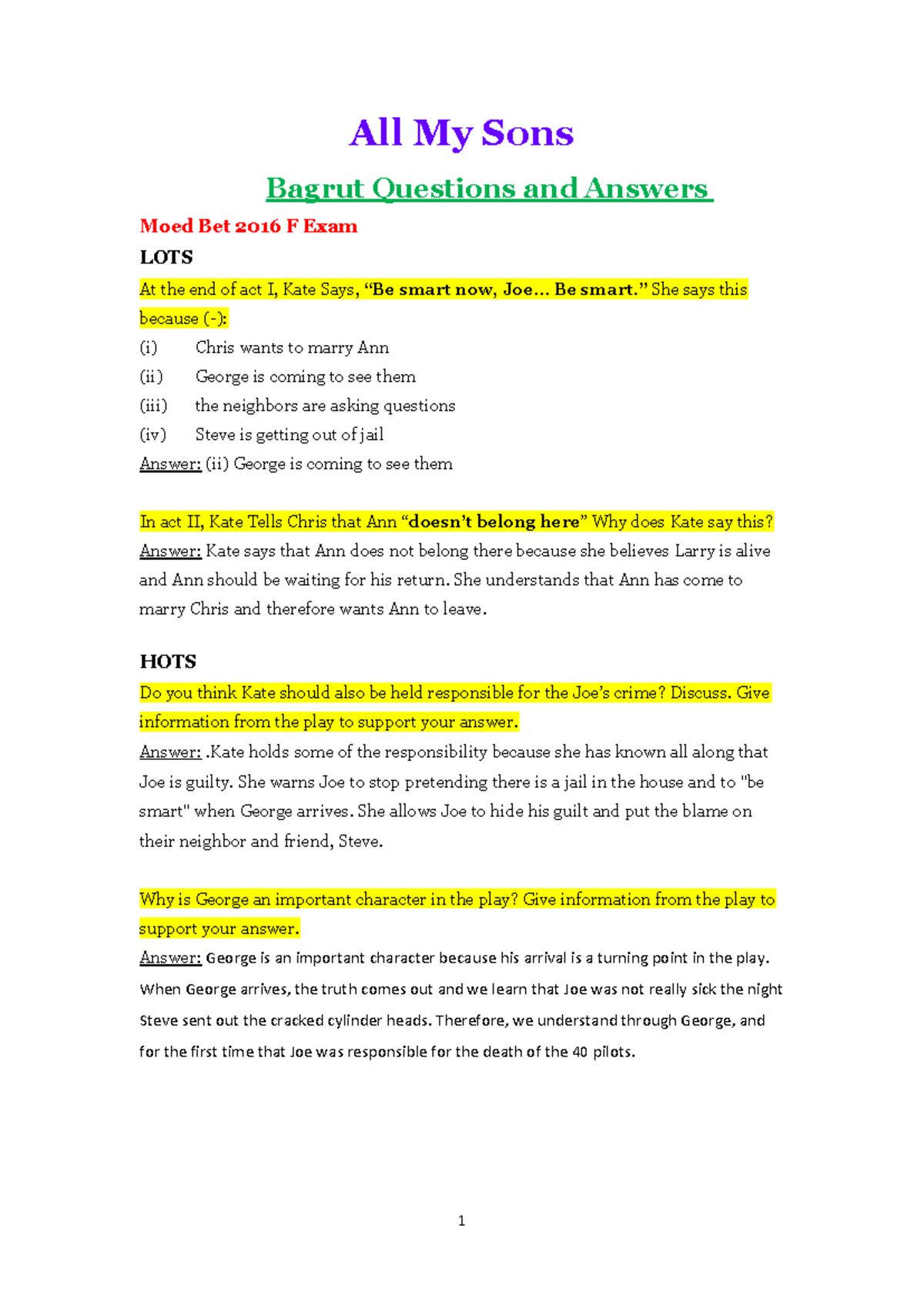 All My Sons Analysis - .......... - All My Sons Bagrut Questions and ...