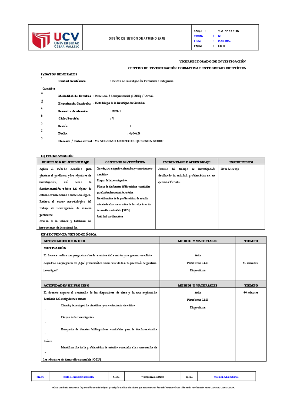 Sesión 1 MIC 2024-1 - Tagged - DISEÑO DE SESIÓN DE APRENDIZAJE Código : F14D-PP-PR-01. Versión ...
