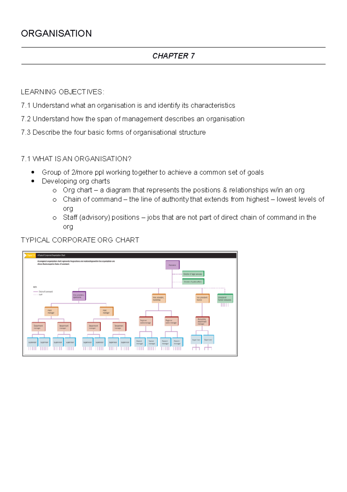Organisation - Chapter 7 - ORGANISATION CHAPTER 7 LEARNING OBJECTIVES ...