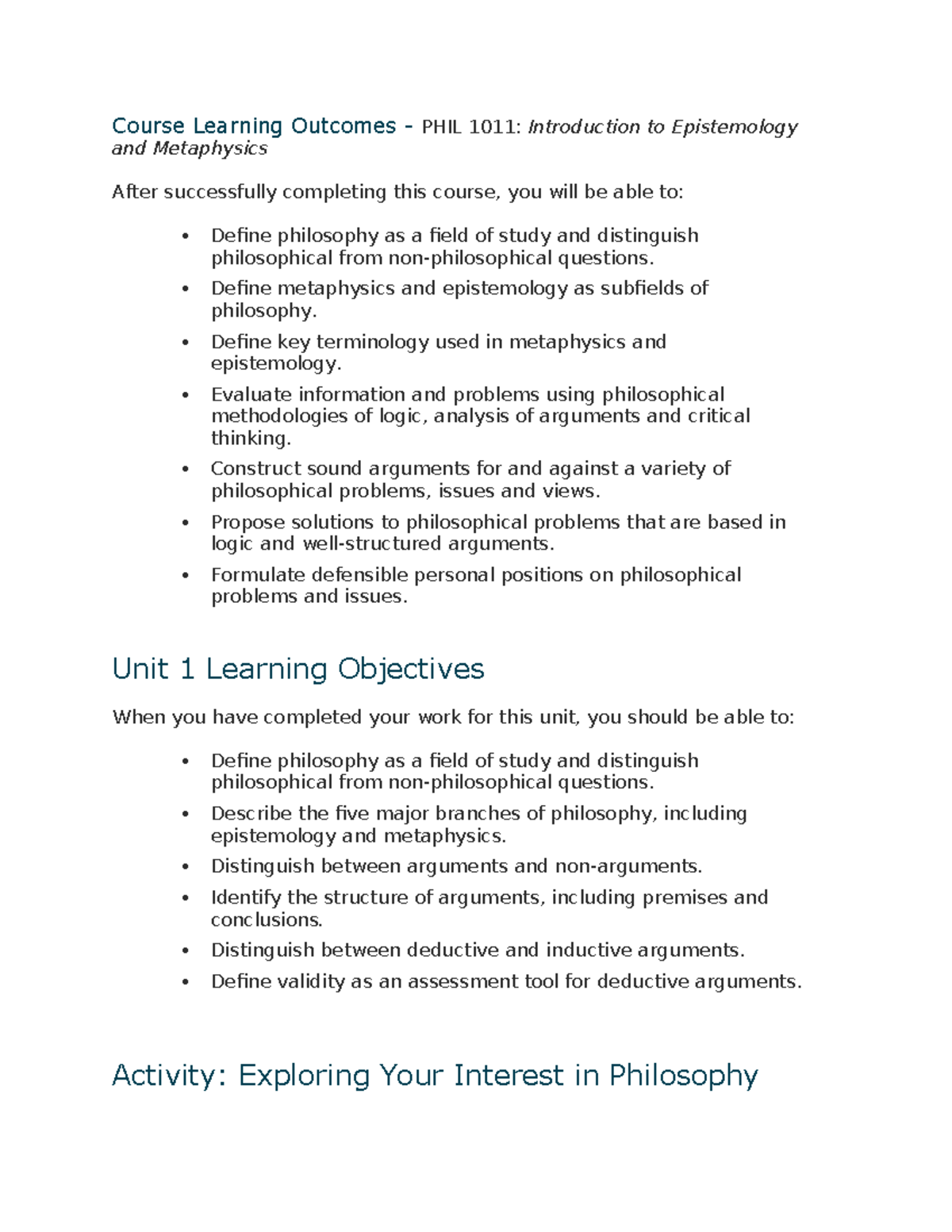 Philosophy Notes - Course Learning Outcomes - PHIL 1011: Introduction ...