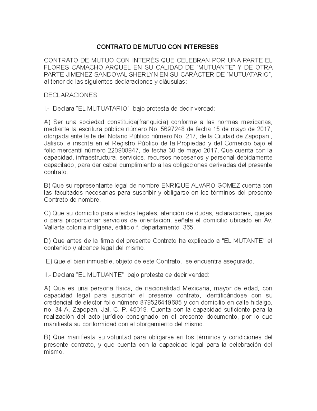 Contrato DE Mutuo CON Garantia - CONTRATO DE MUTUO CON INTERESES ...