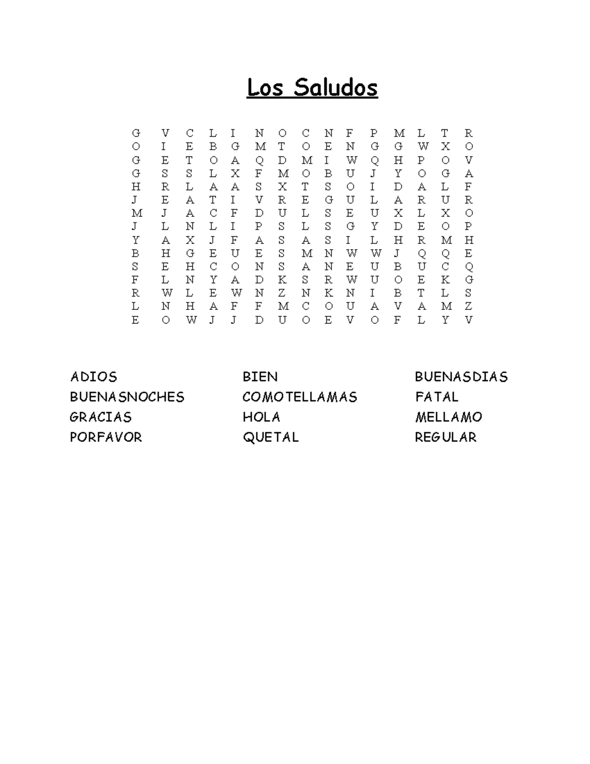 Los Saludos word search - Los Saludos G V C L I N O C N F P M L T R O I ...