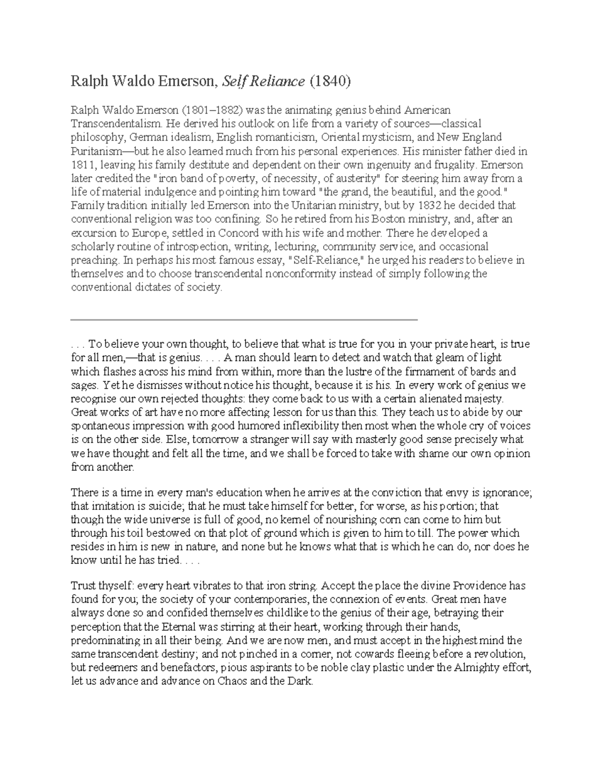 Emerson-self-reliance - Ralph Waldo Emerson, Self Reliance (1840) Ralph ...