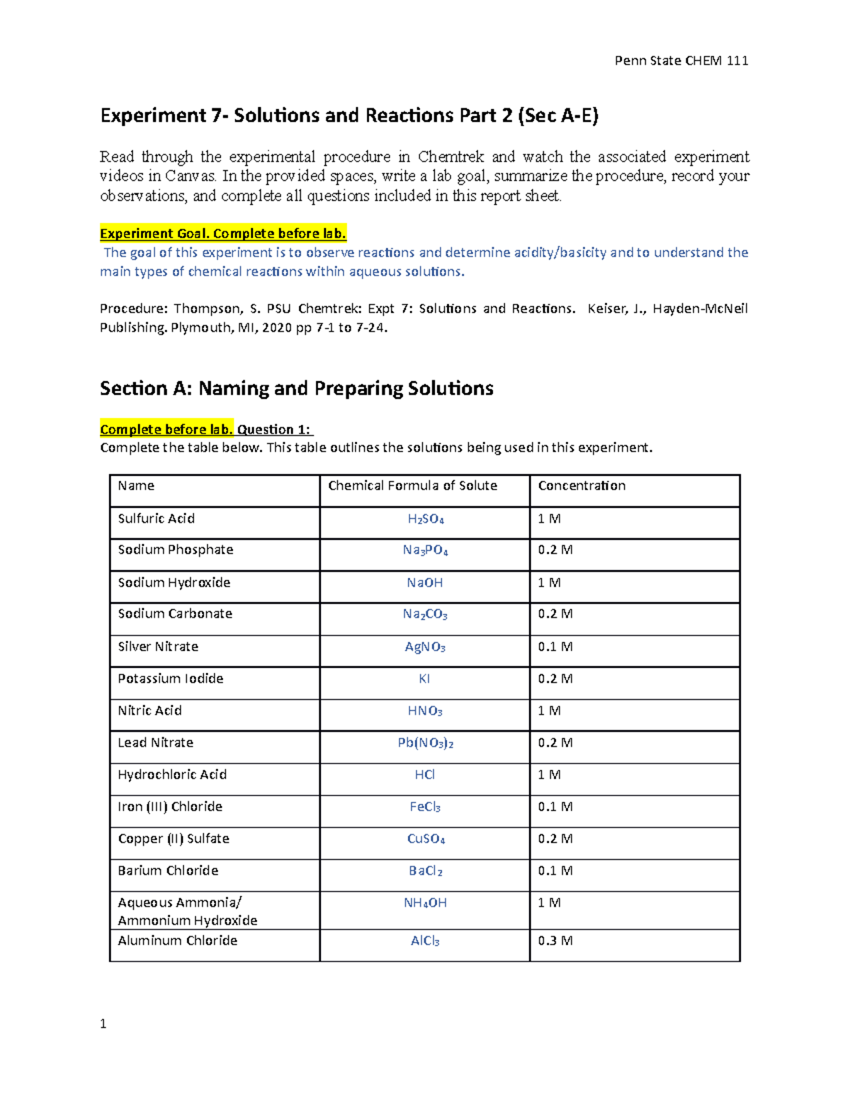 Experiment 7.2 CHEM111 - Experiment 7- Solutions and Reactions Part 2 ...