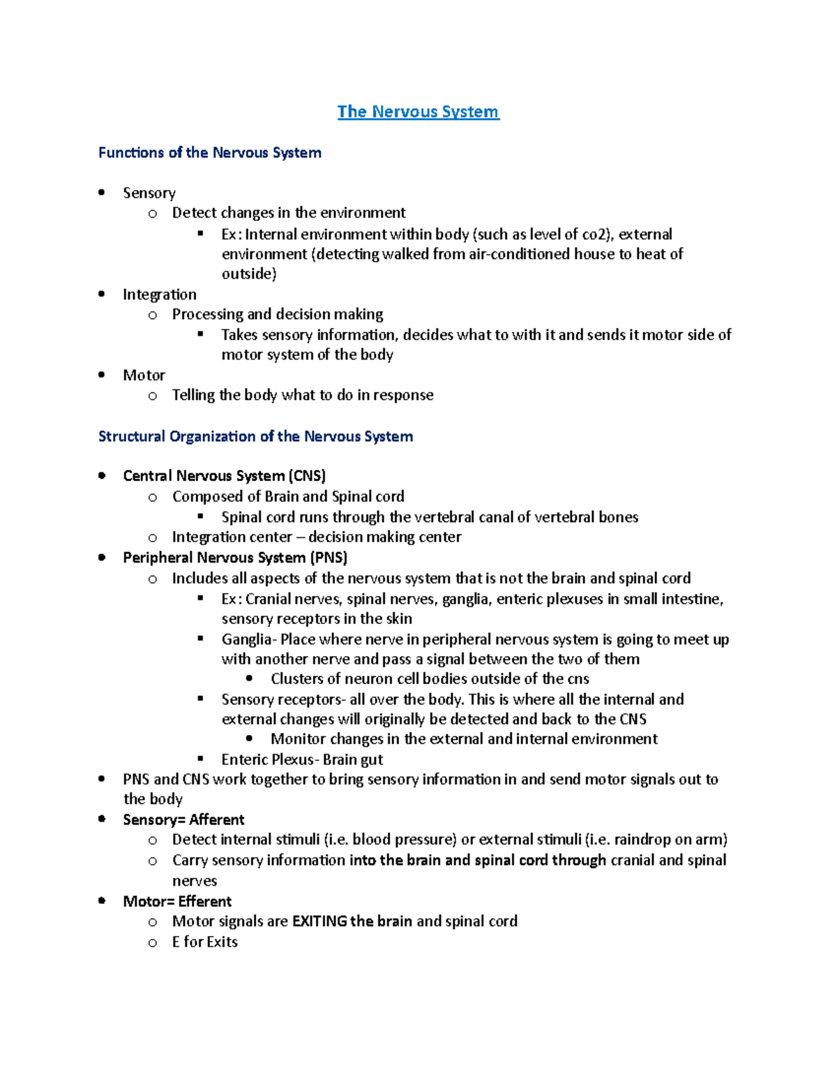 Nervous System Notes - n/a - The Nervous System Functions of the ...