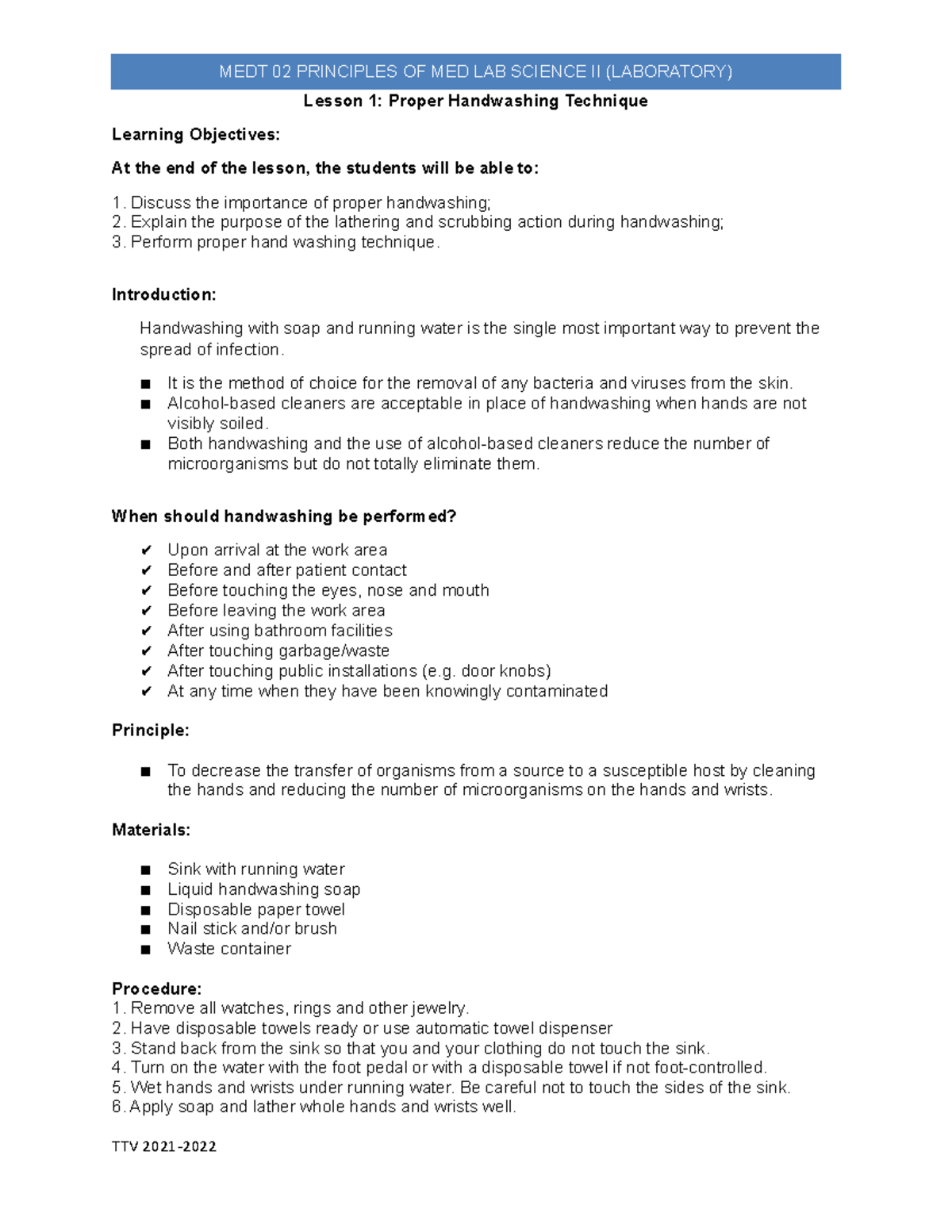Lesson 1 Proper Handwashing - Lesson 1: Proper Handwashing Technique ...