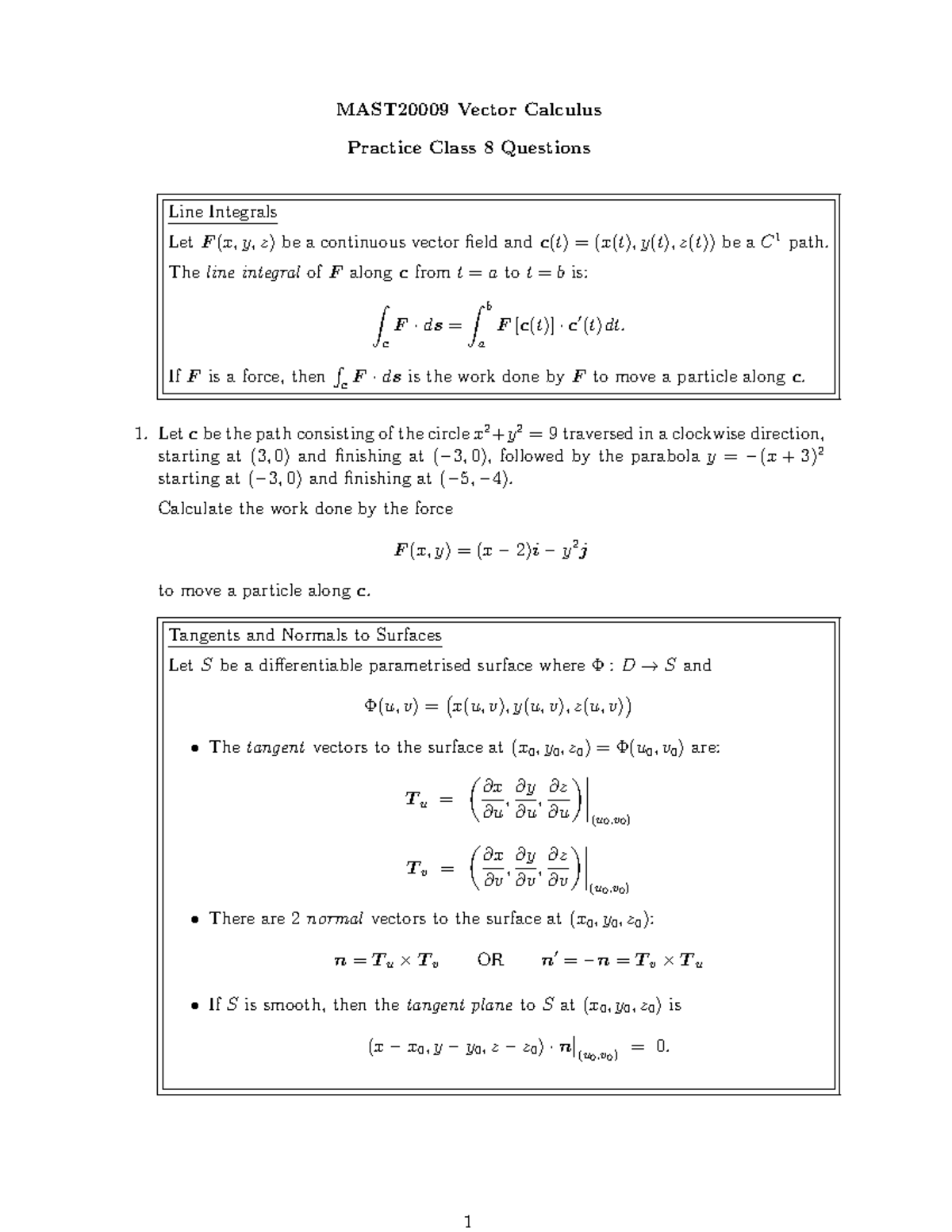 MAST2000 9 tutorial week 09 - MAST20009 Vector Calculus Practice Class ...