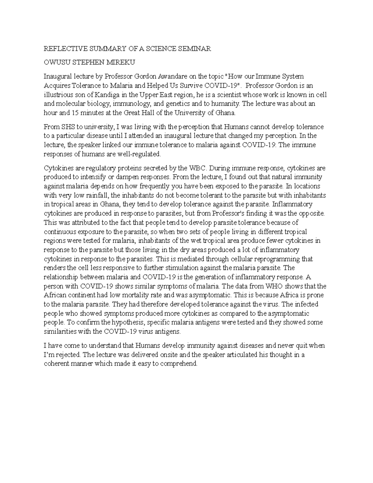 Reflective Summary OF A Science Seminar - REFLECTIVE SUMMARY OF A ...