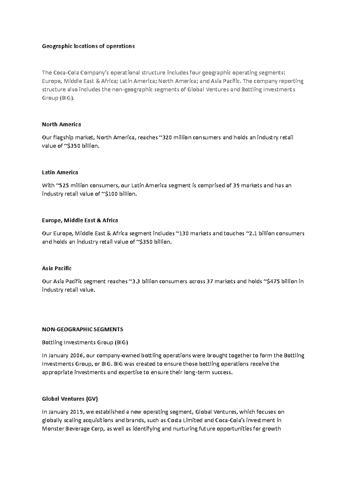 Coca-Cola - paper - Geographic locations of operations The Coca-Cola ...