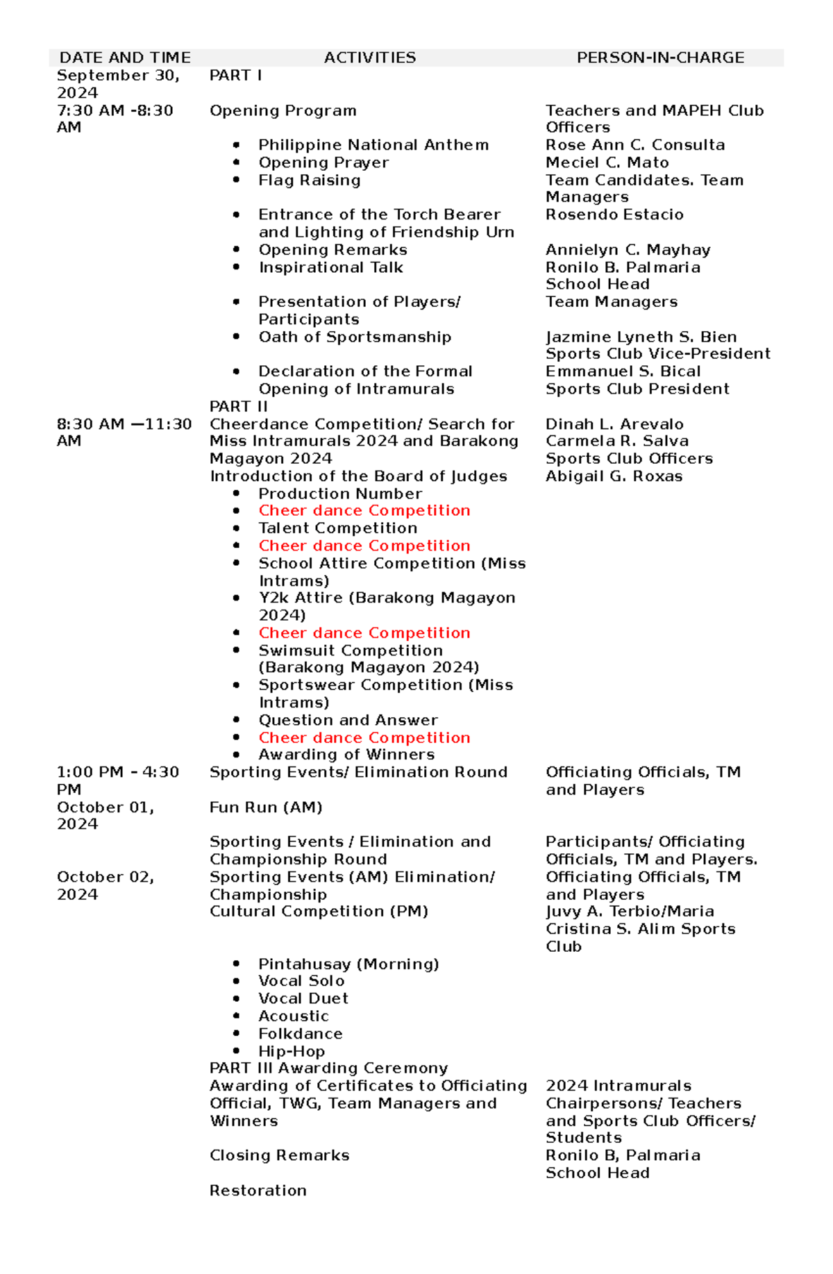 Intrams Program - DATE AND TIME ACTIVITIES PERSON-IN-CHARGE September ...