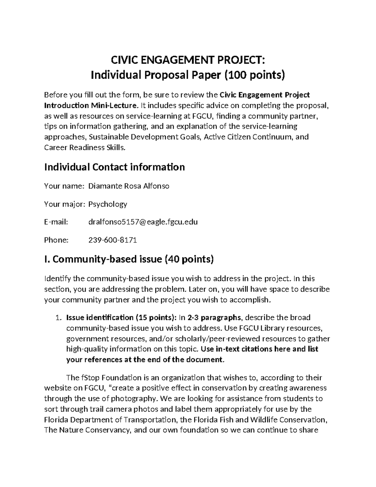 CEP Individual Proposal (Part I) - CIVIC ENGAGEMENT PROJECT: Individual ...