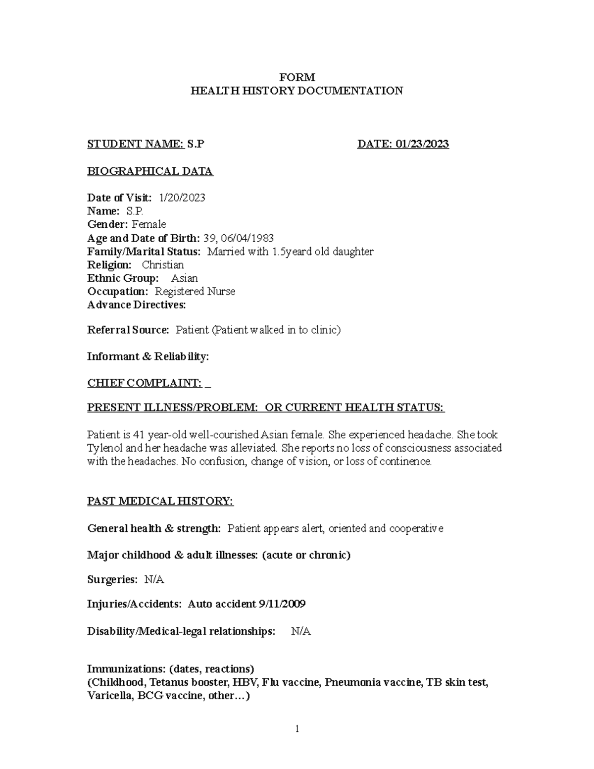 Health History Assessment - FORM HEALTH HISTORY DOCUMENTATION STUDENT ...