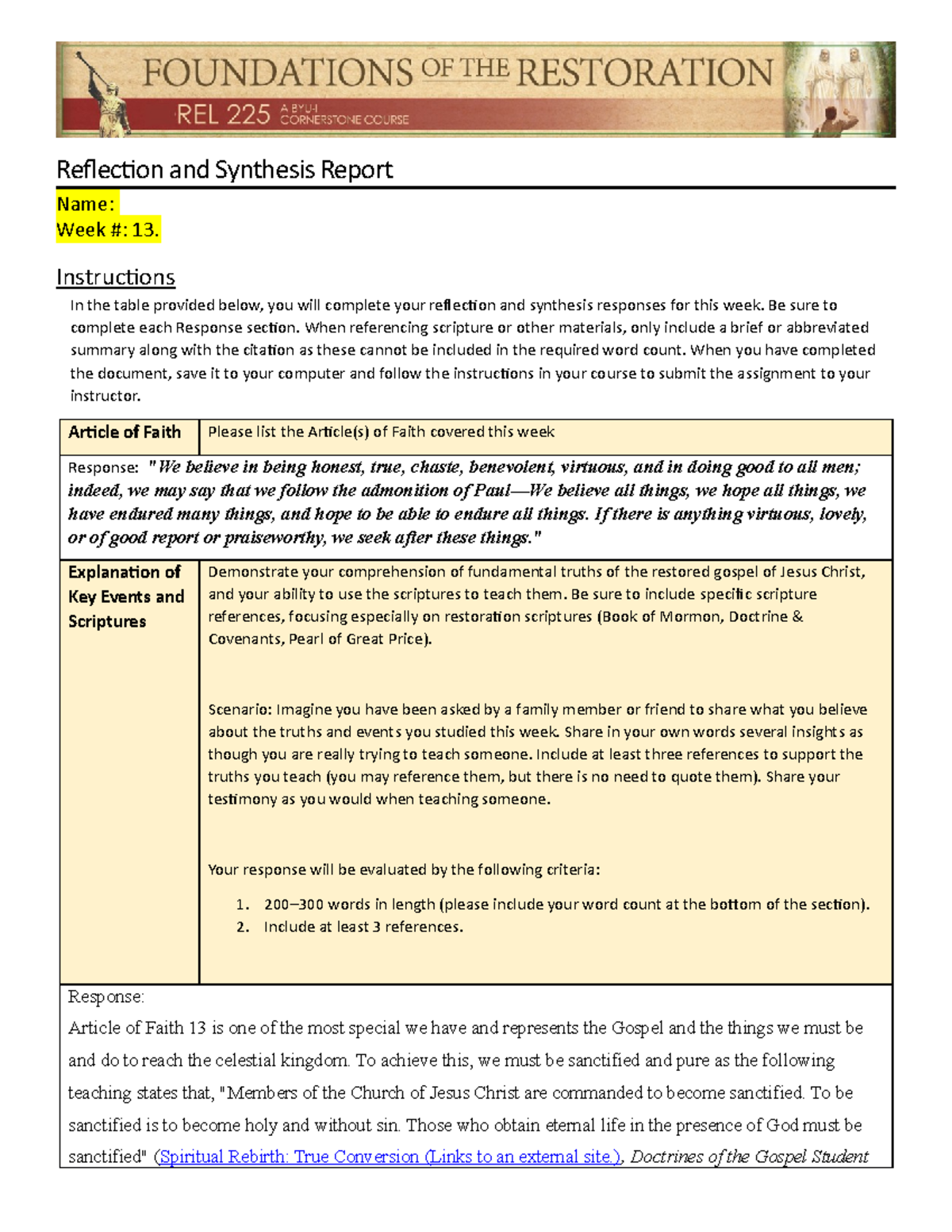 Reflection WEEK 13 - Reflection and Synthesis Report Name: Week #: 13 ...