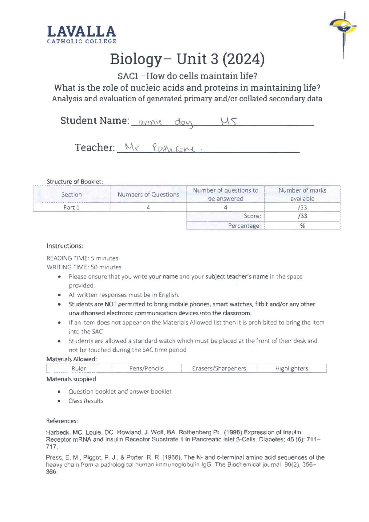 Bio sac - biology - LAVALLA CATHOLIC COLLEGE Biology- Unit 3 (2024 ...