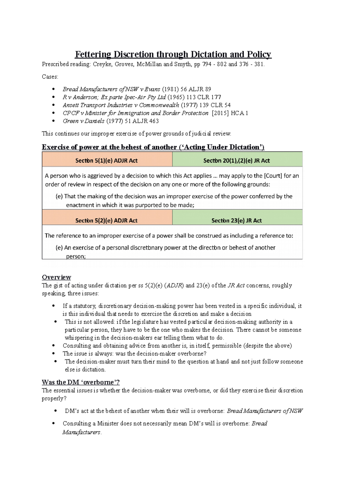 Fettering Discretion through Dictation and Policy - Fettering ...