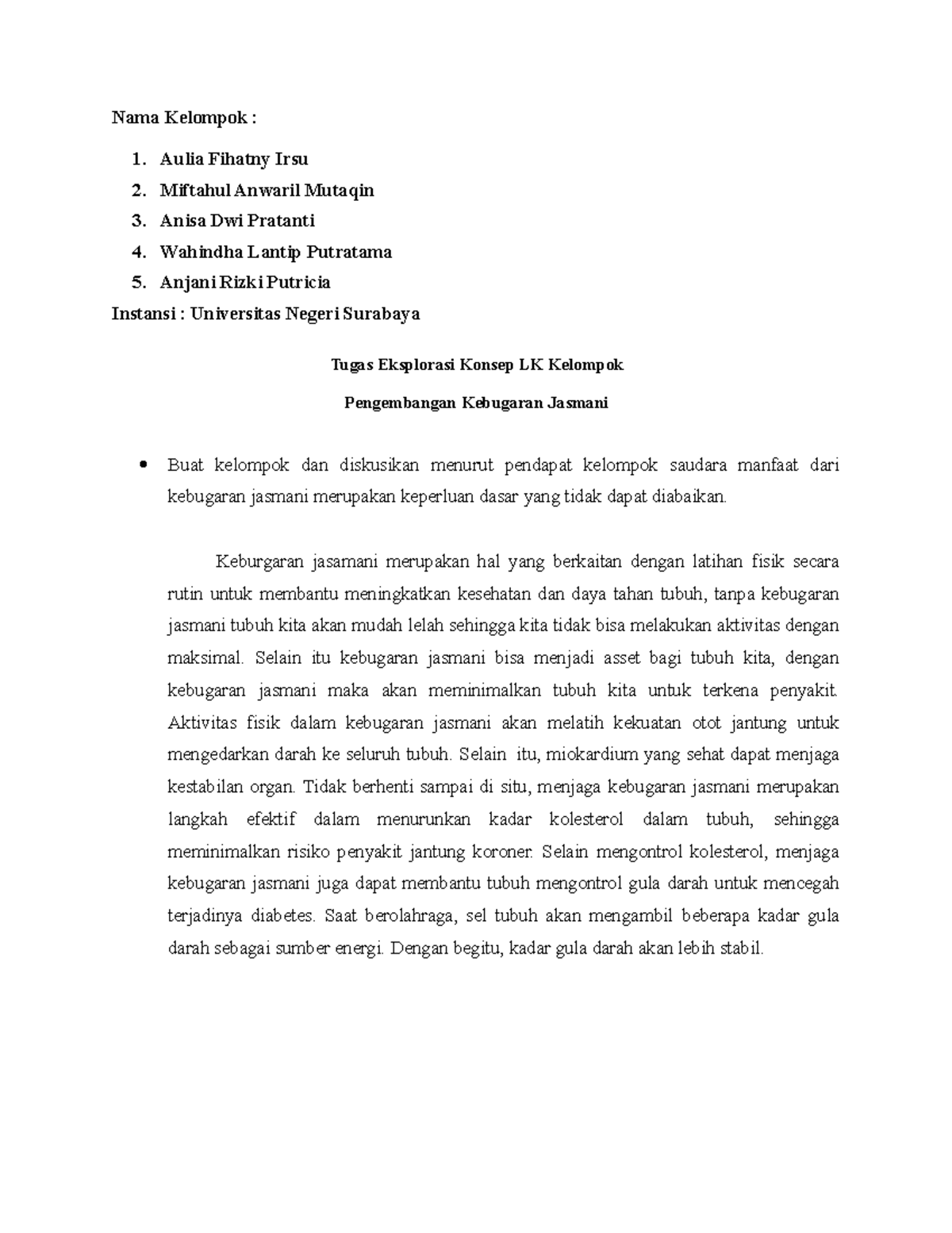 Tugas Eksplorasi Konsep LK Kelompok Kebugaran Jasmani - Nama Kelompok : Aulia Fihatny Irsu ...