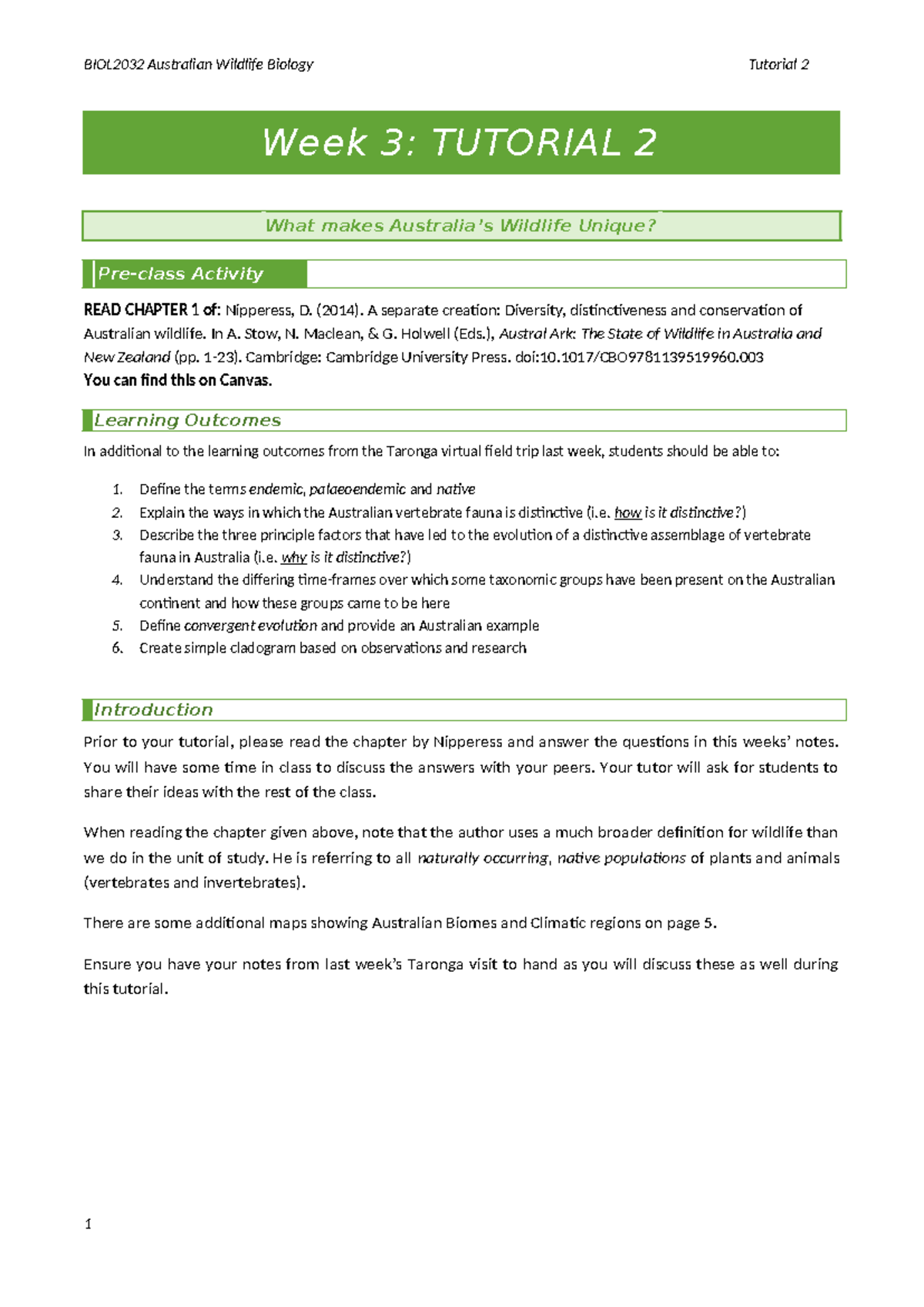 Tutorial 2 worksheet - Week 3: TUTORIAL 2 What makes Australia’s Wildlife Unique? Pre-class ...