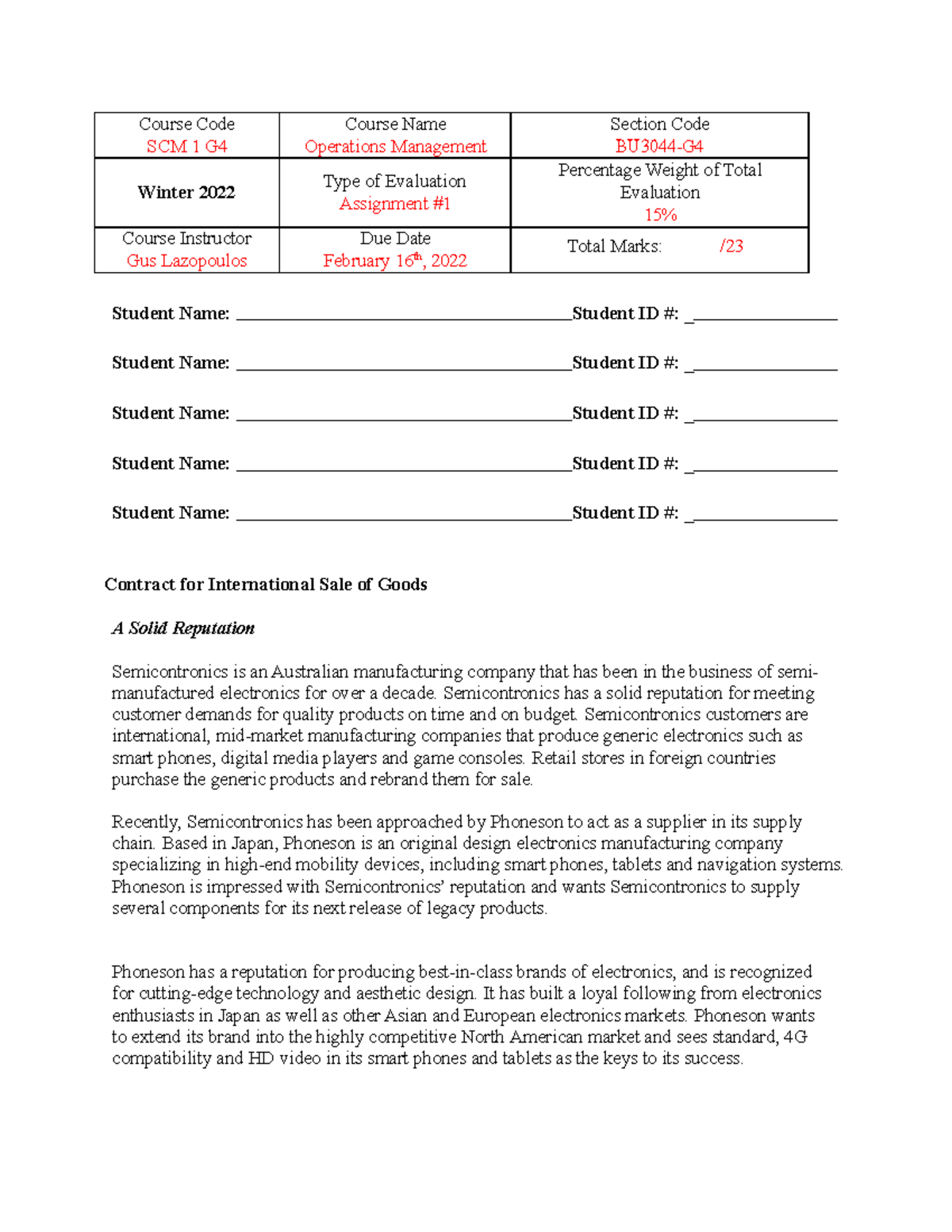 Assignment 1-BU3044 group-4 - Course Code SCM 1 G Course Name ...