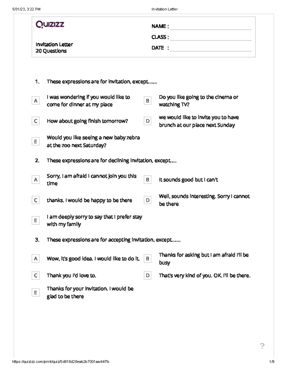 Invitation Letter - inform - Invitation Letter 20 Questions NAME ...