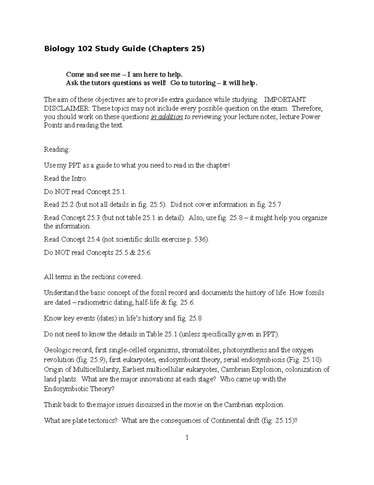 Chapter 25 Outline Gen Bio ll - Biology 102 Study Guide (Chapters 25 ...