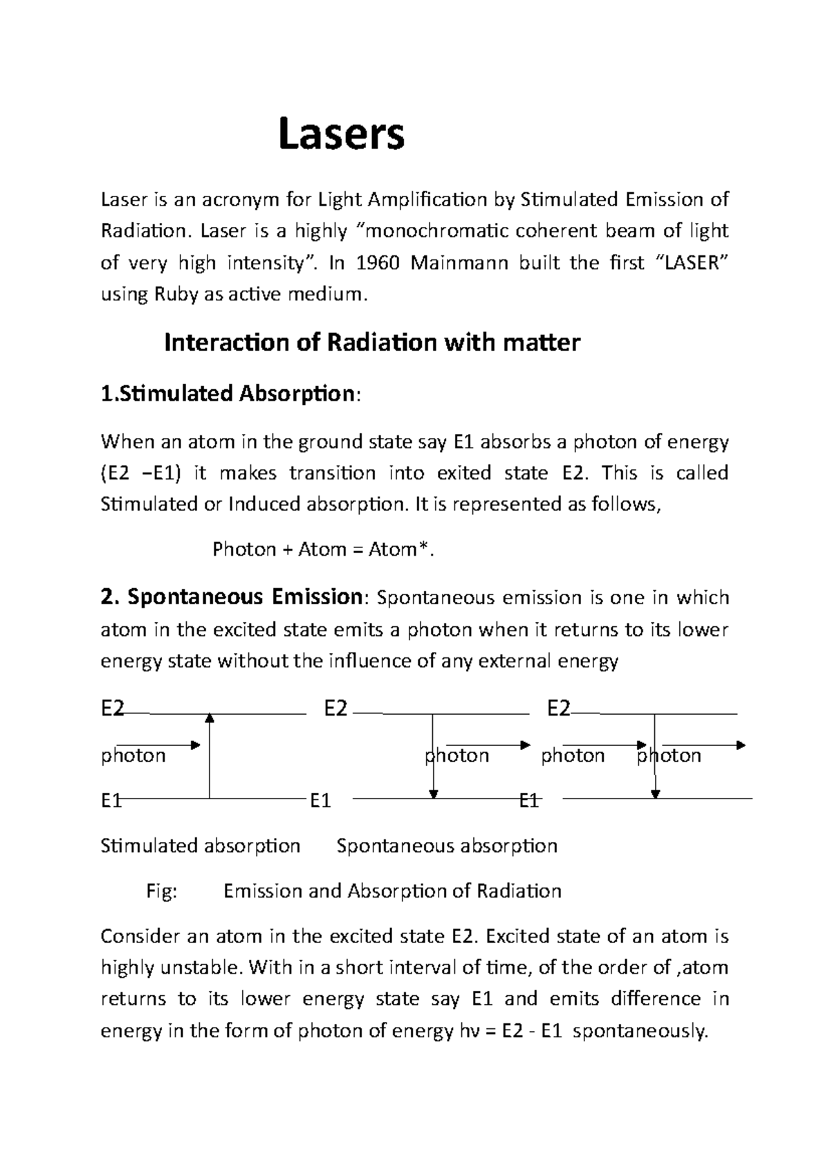 Lasers Interaction Of Radiation With Matter Lasers Laser Is An